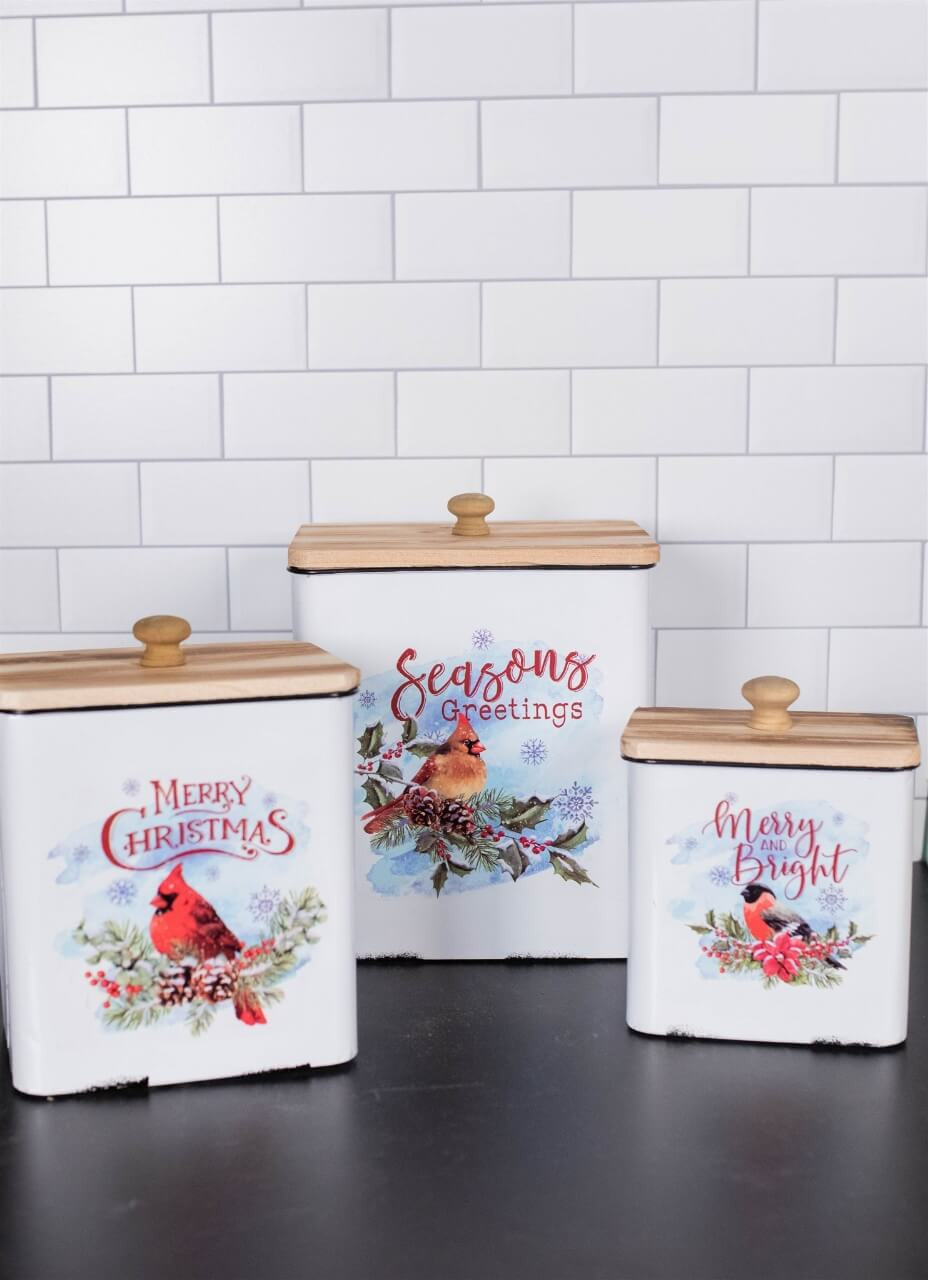 Metal Holiday Poinsettia & Cardinal Buckets - Set of 3 - Decorator's ...