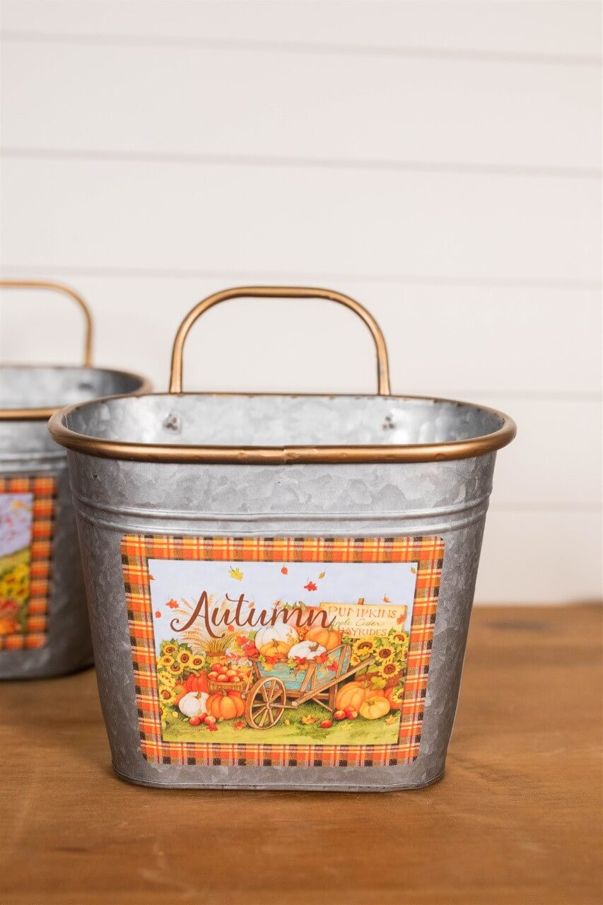 12" Galvanized Metal Harvest Scene Wall Hanging Buckets - Set of 3 ...