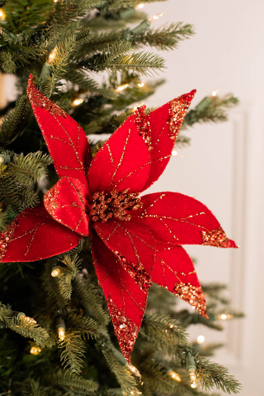 22” Red/Gold Velvet Glitter Poinsettia Stem - Nutcracker Flowers ...
