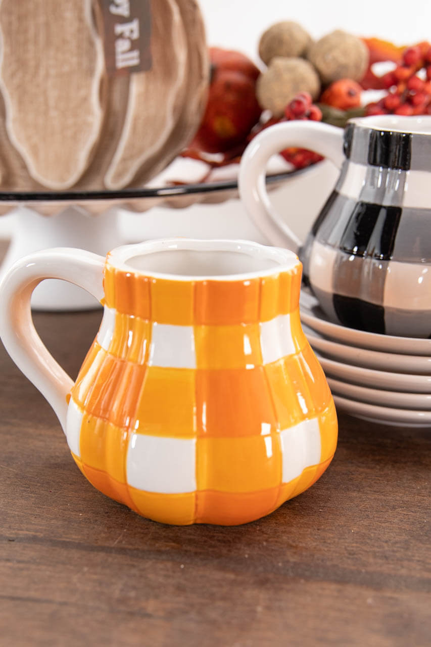 4” Dolomite Pumpkin Shaped Buffalo Check Mug - Decorator's Warehouse