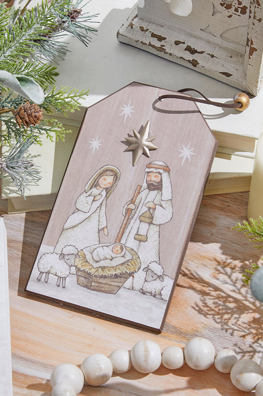 7.5” Nativity Tag Ornament with Star Accent - Decorator's Warehouse