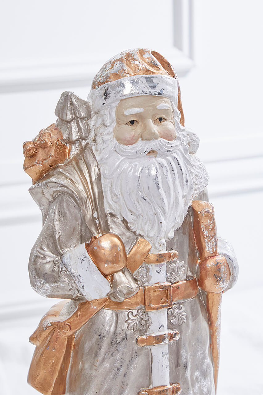 19.75” Platinum Gold Santa with Bag - Decorator's Warehouse