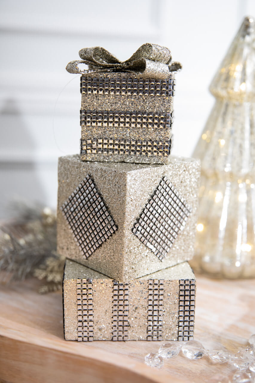 10” Metallic Platinum Gatsby Package Stack Ornament - Decorator's Warehouse