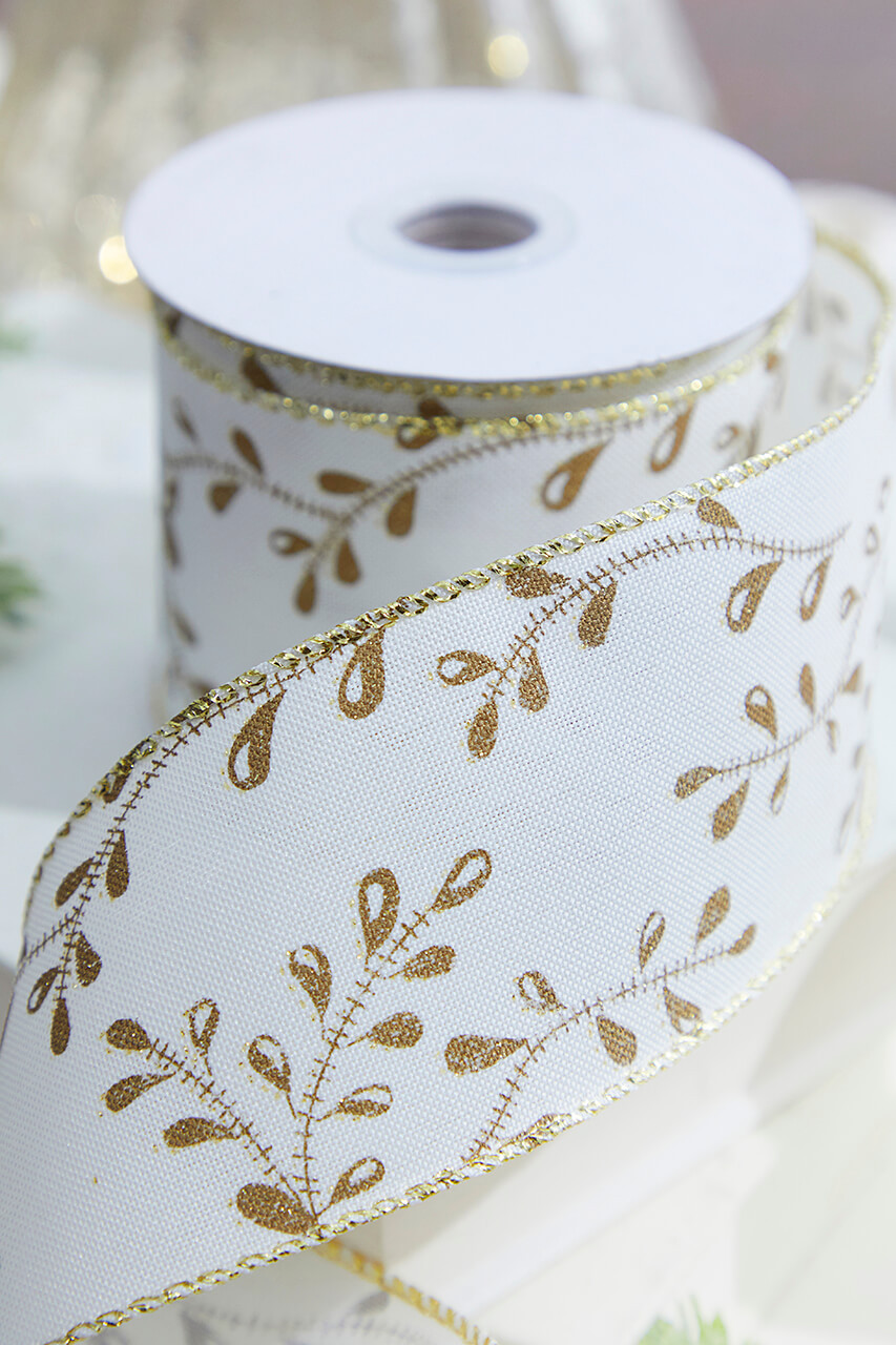 2.5" x 10 Yard Ivory & Gold Vine Wired Ribbon - Decorator's Warehouse