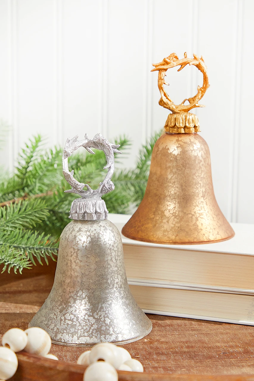 7" Gold/Silver Antler Bell Glass Ornament - Decorator's Warehouse
