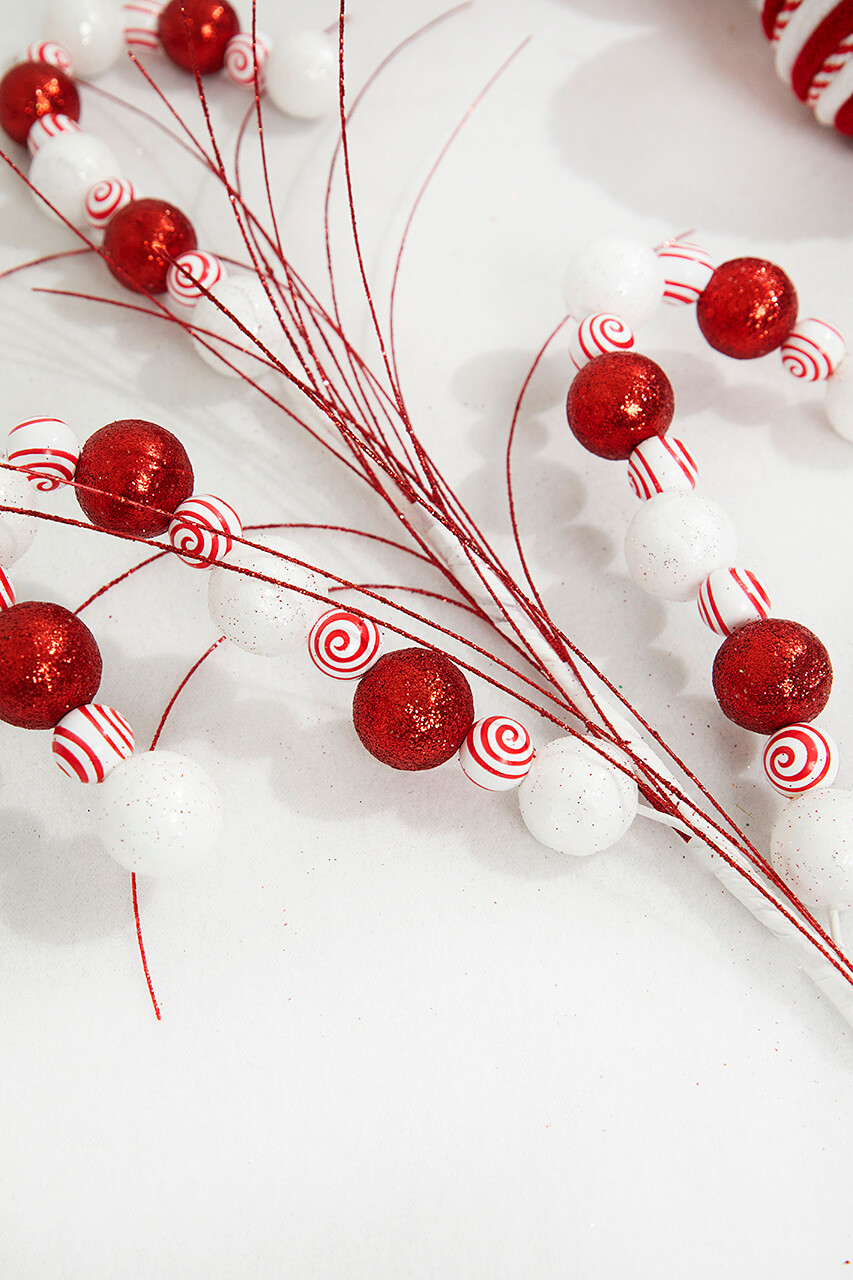 25" Red and White Ball Peppermint Spray - Decorator's Warehouse