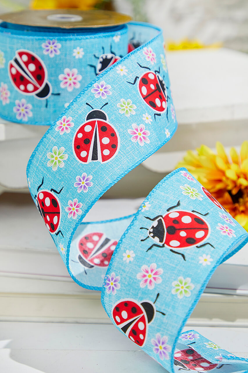 2.5" x 10 Yards Blue Ladybugs Ribbon - Decorator's Warehouse