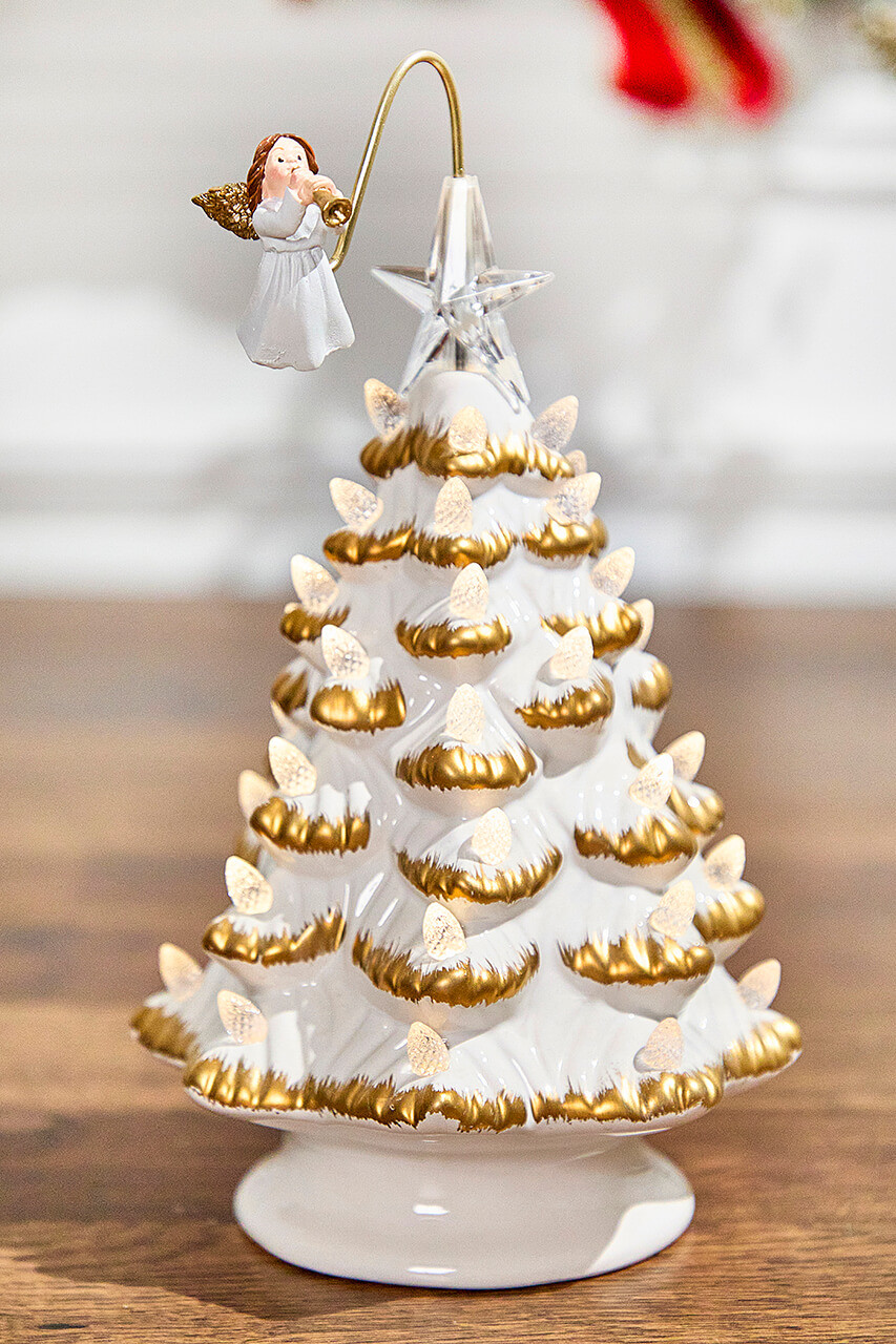 10" Lighted Ceramic Christmas Tree With Rotating Angel - Decorator's ...