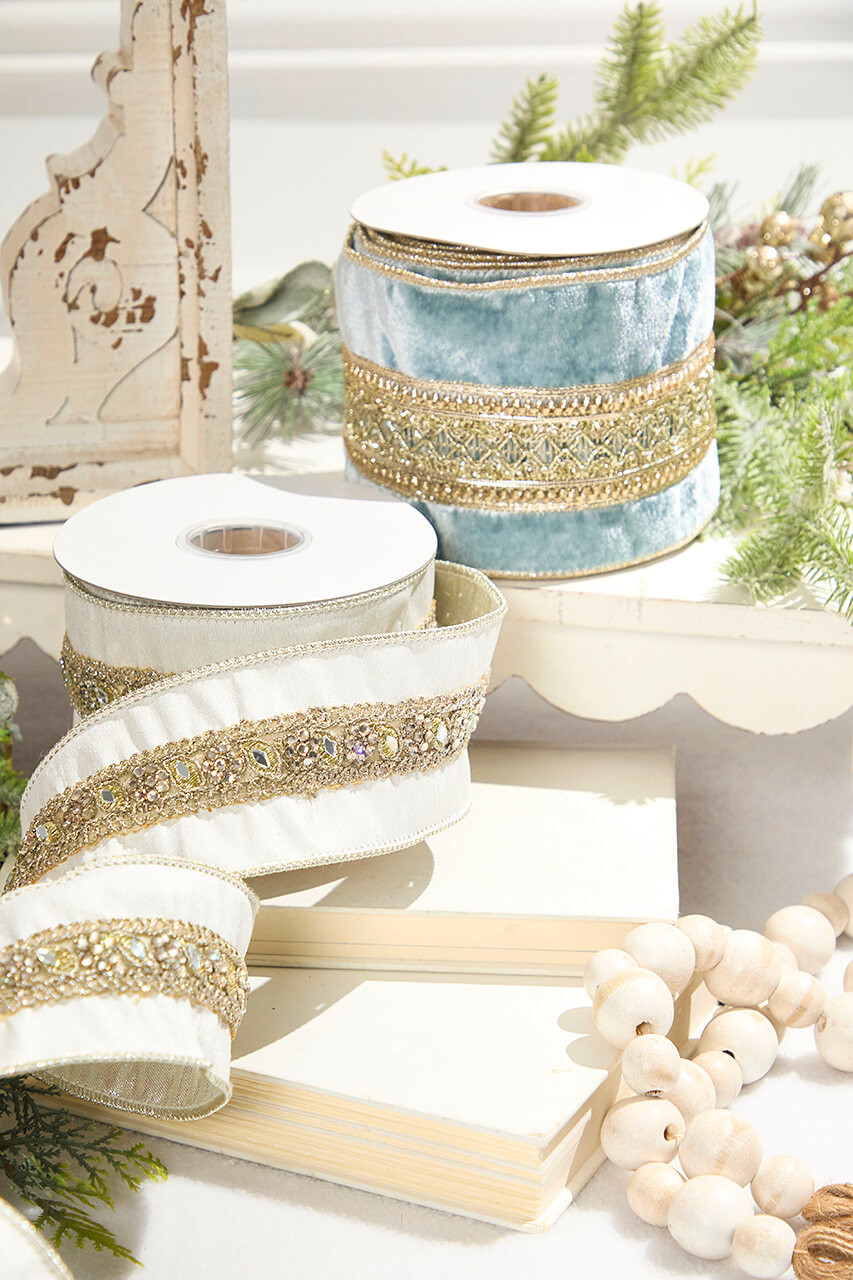 2.5" x 5 Yard Jewel Trim Dupion Metallic Back Ribbon - Decorator's ...