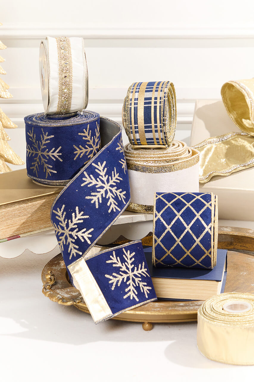 4" x 10 Yard Blue Velvet with Gold Diamond Pattern Ribbon - Decorator's ...