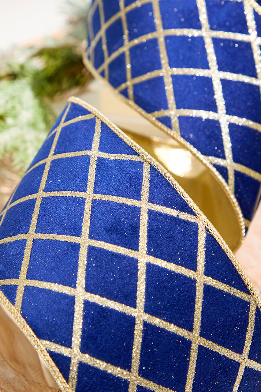 4" x 10 Yard Blue Velvet with Gold Diamond Pattern Ribbon - Decorator's ...