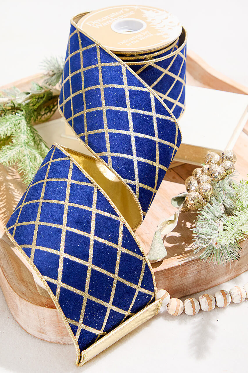 4" x 10 Yard Blue Velvet with Gold Diamond Pattern Ribbon - Decorator's ...