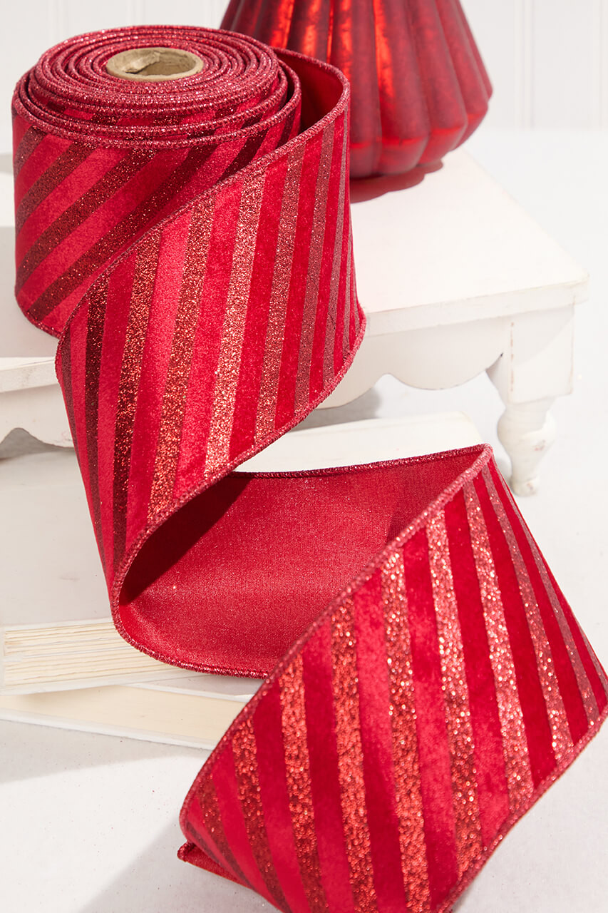 4" x 10 Yard Red Velvet with Red Glitter Stripe Ribbon - Decorator's ...