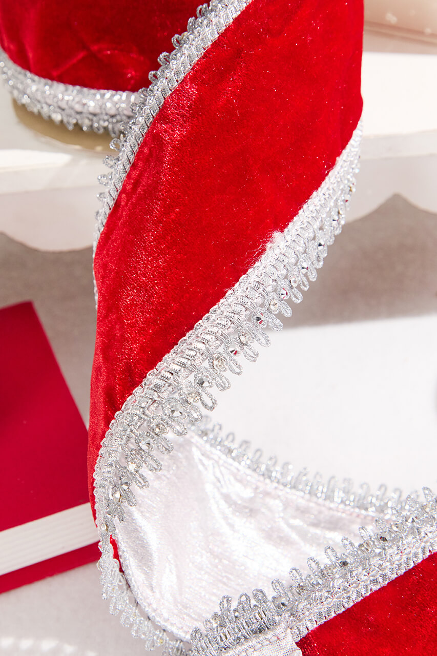 4" x 5 Yard Red Velvet with Silver Jewel Trim Ribbon - Decorator's ...