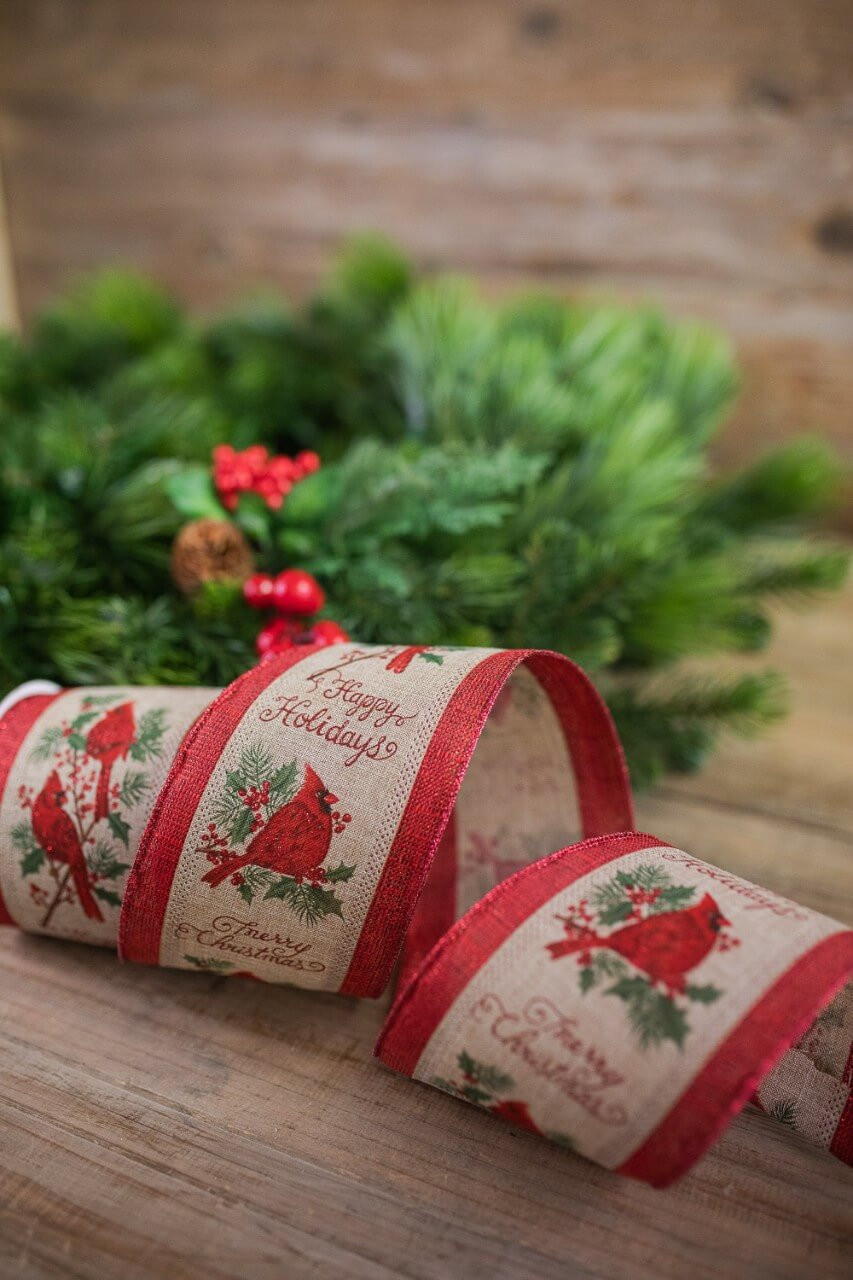 4” X 10 Yard Linen Glitter Cardinal Ribbon - Cardinal Christmas Ribbon