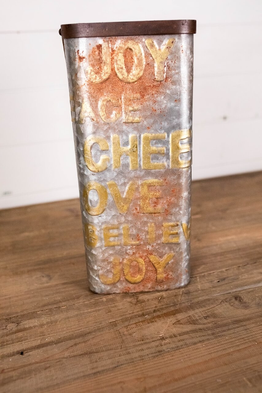 14”H Tall Metal Allover Words Container - Decorator's Warehouse