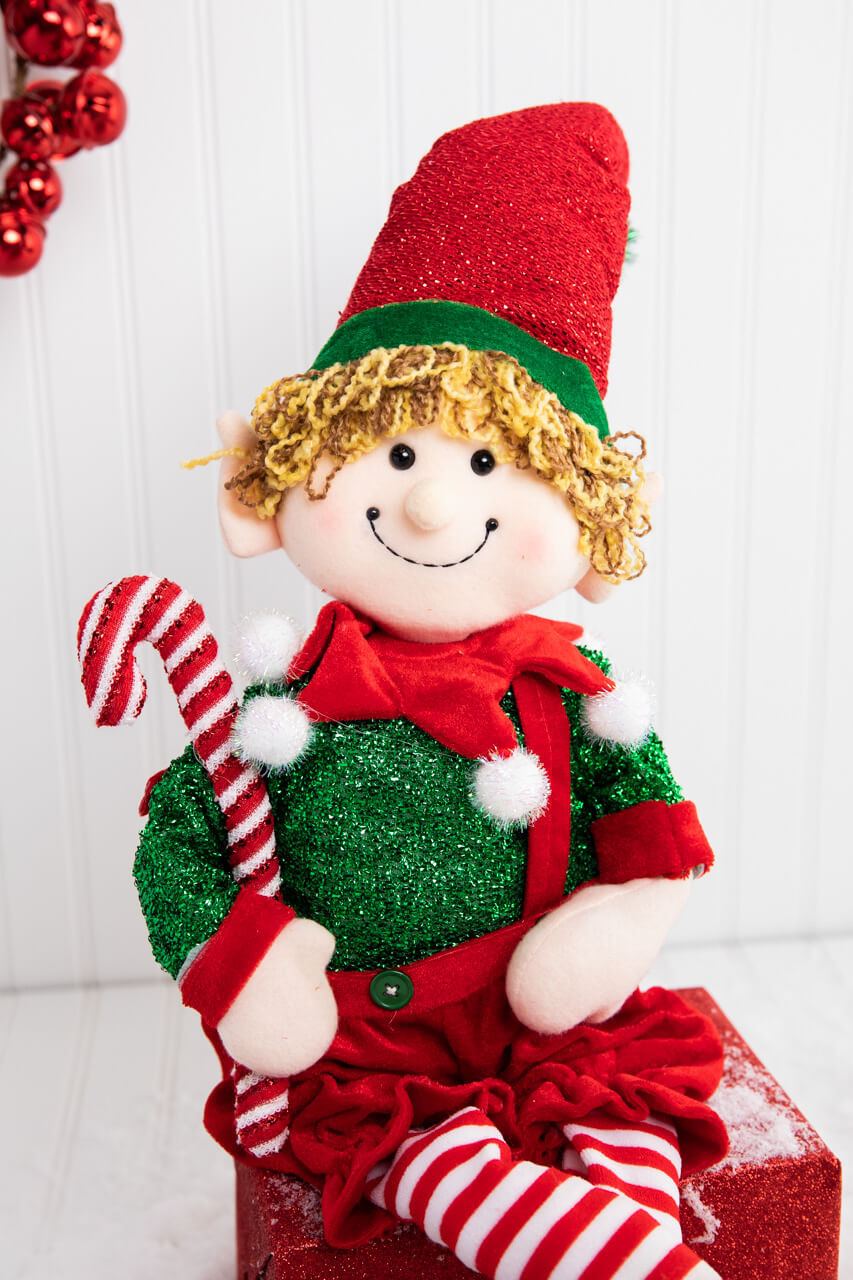35” Velvet & Sparkles Retro Sitting Elf - Decorator's Warehouse