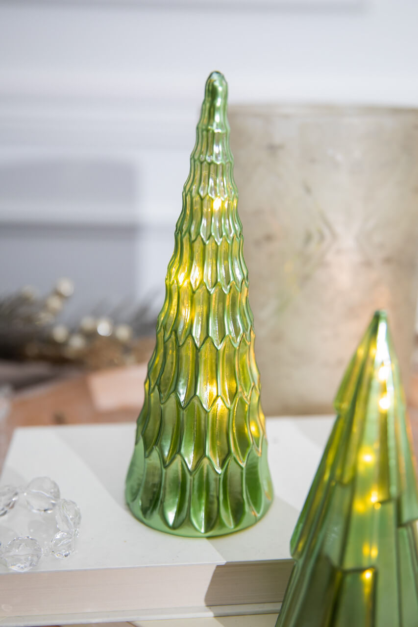 Lighted Green Glass Trees - Set of 2 - Decorator's Warehouse