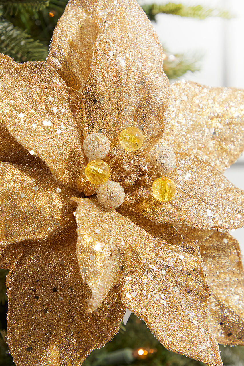 24" x 12" Gold Micro Beaded Sequins Poinsettia Stem - Decorator's Warehouse