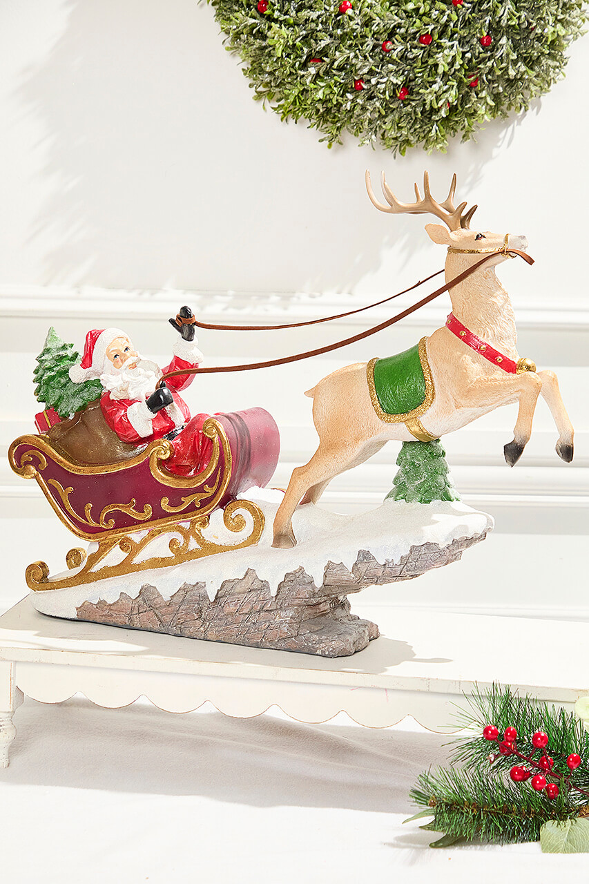 21.5" x 18" Resin Santa in Sleigh with Deer - Decorator's Warehouse