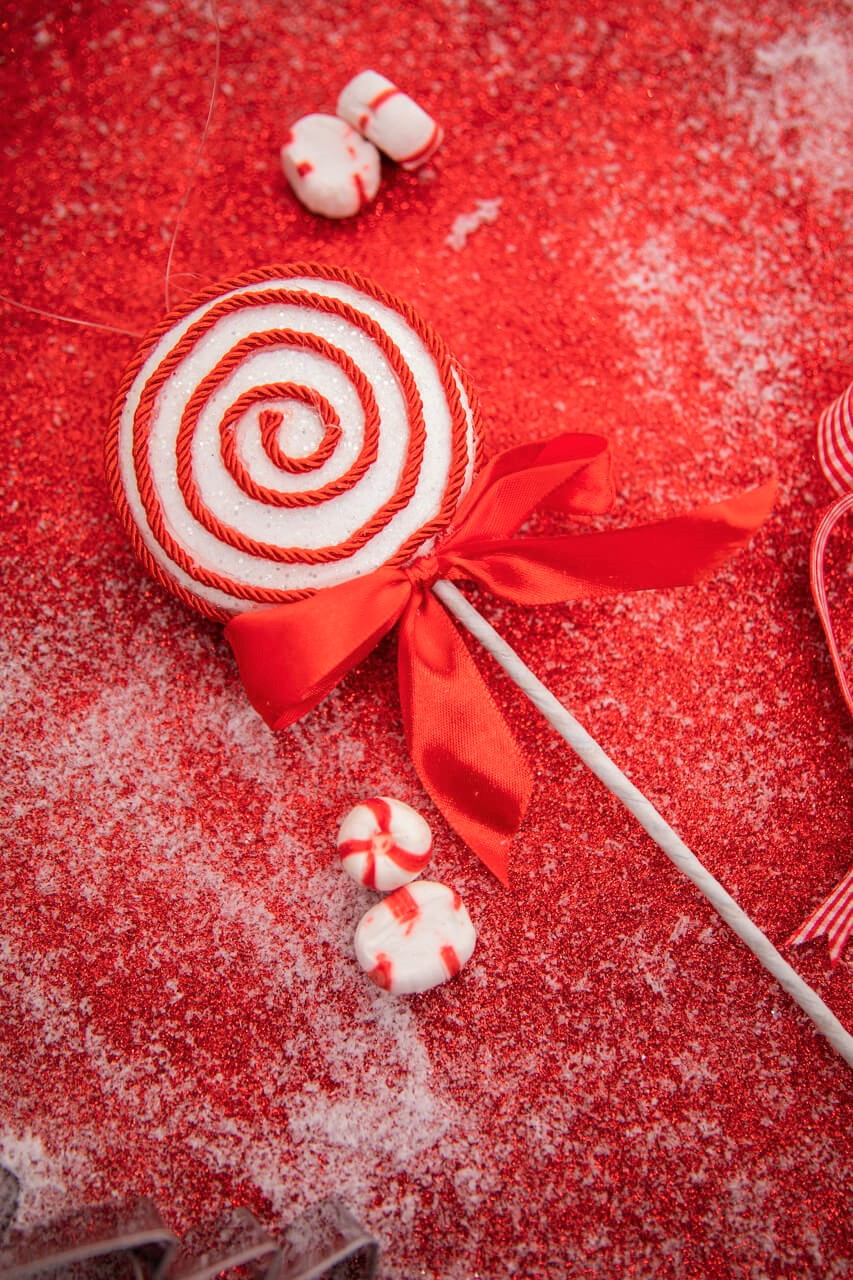 12” Lollipop Pick/Ornament with Bow - Red/White - Decorator's Warehouse