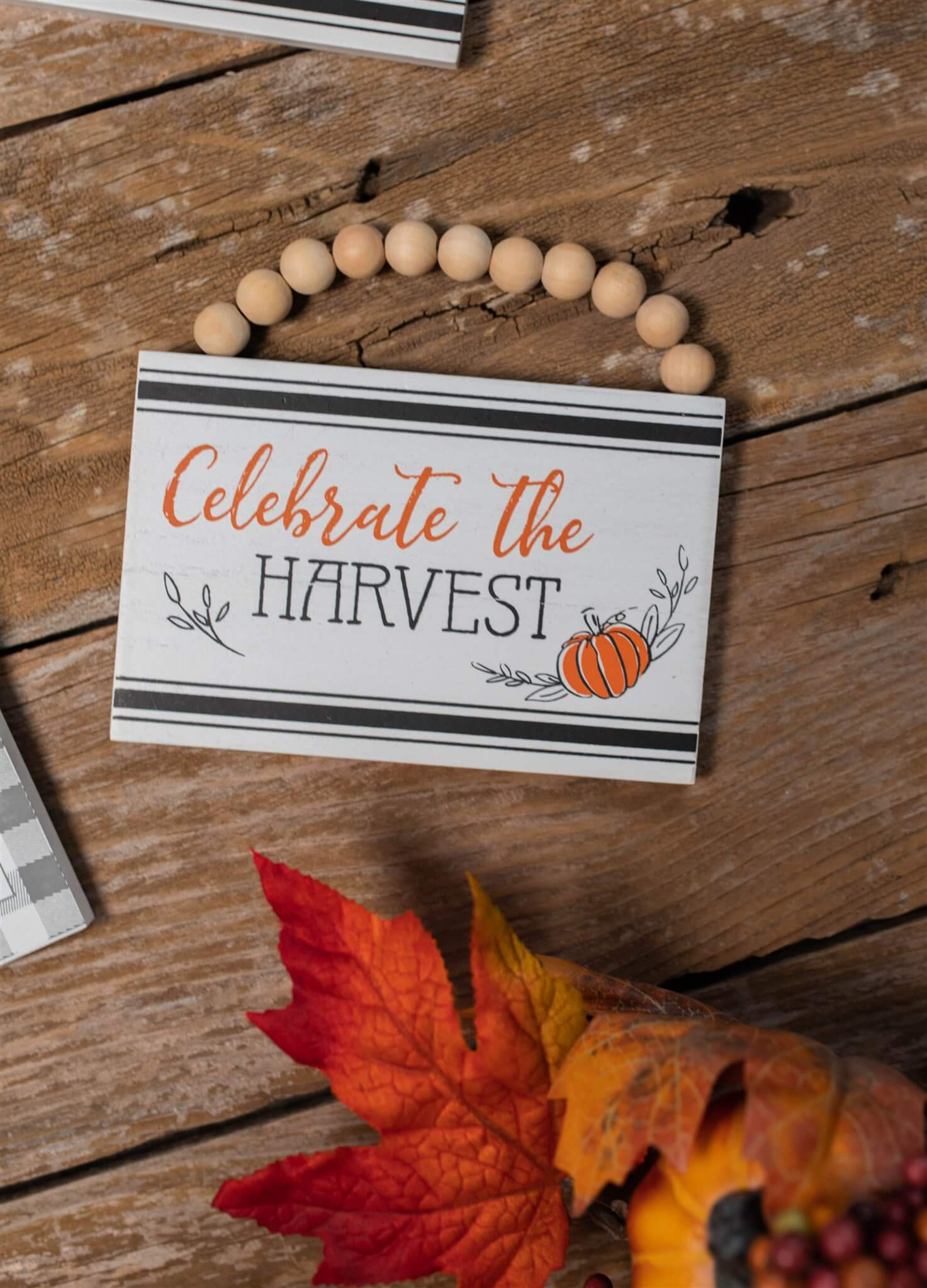 6" Wood Harvest Sign with Beaded Hanger - Decorator's Warehouse