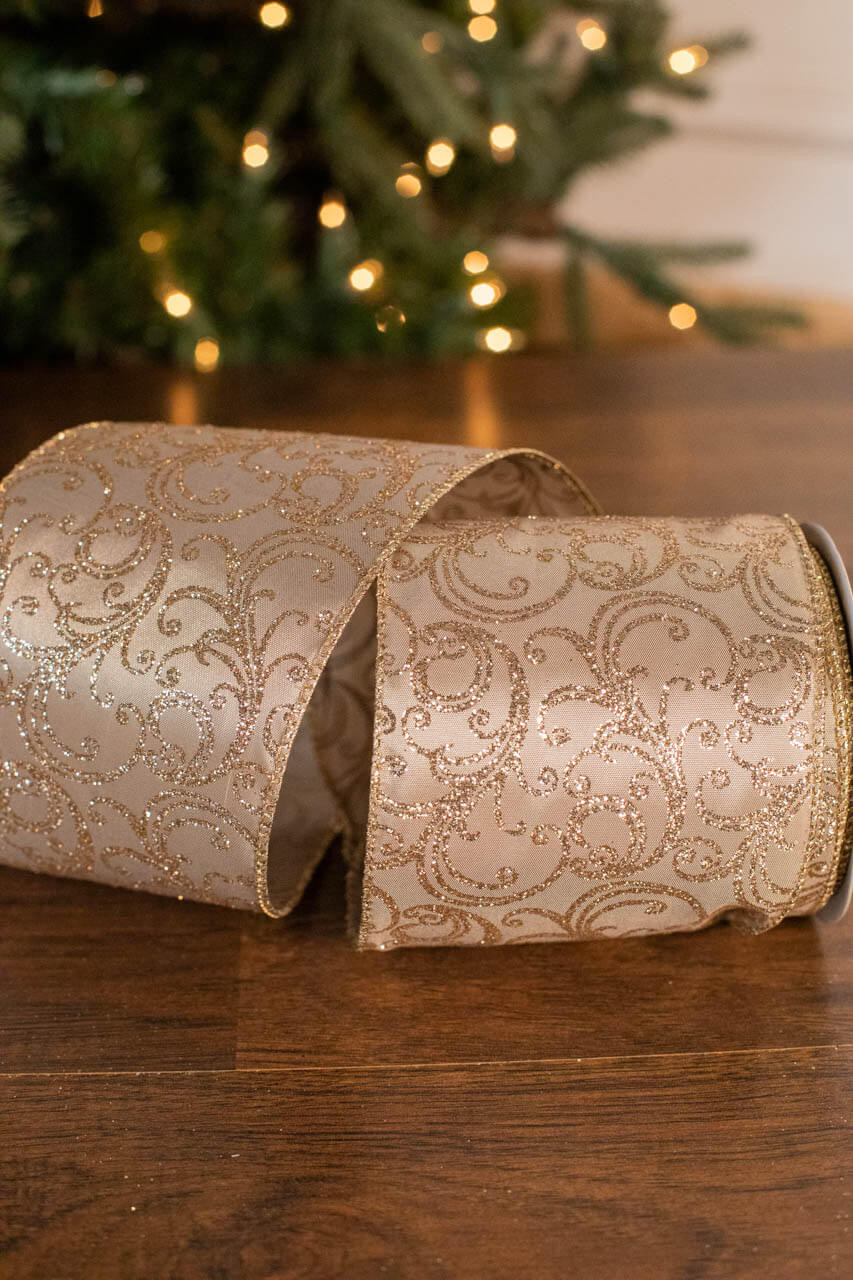 4” x 10 Yard Platinum Glitter Scroll Ribbon - Decorator's Warehouse