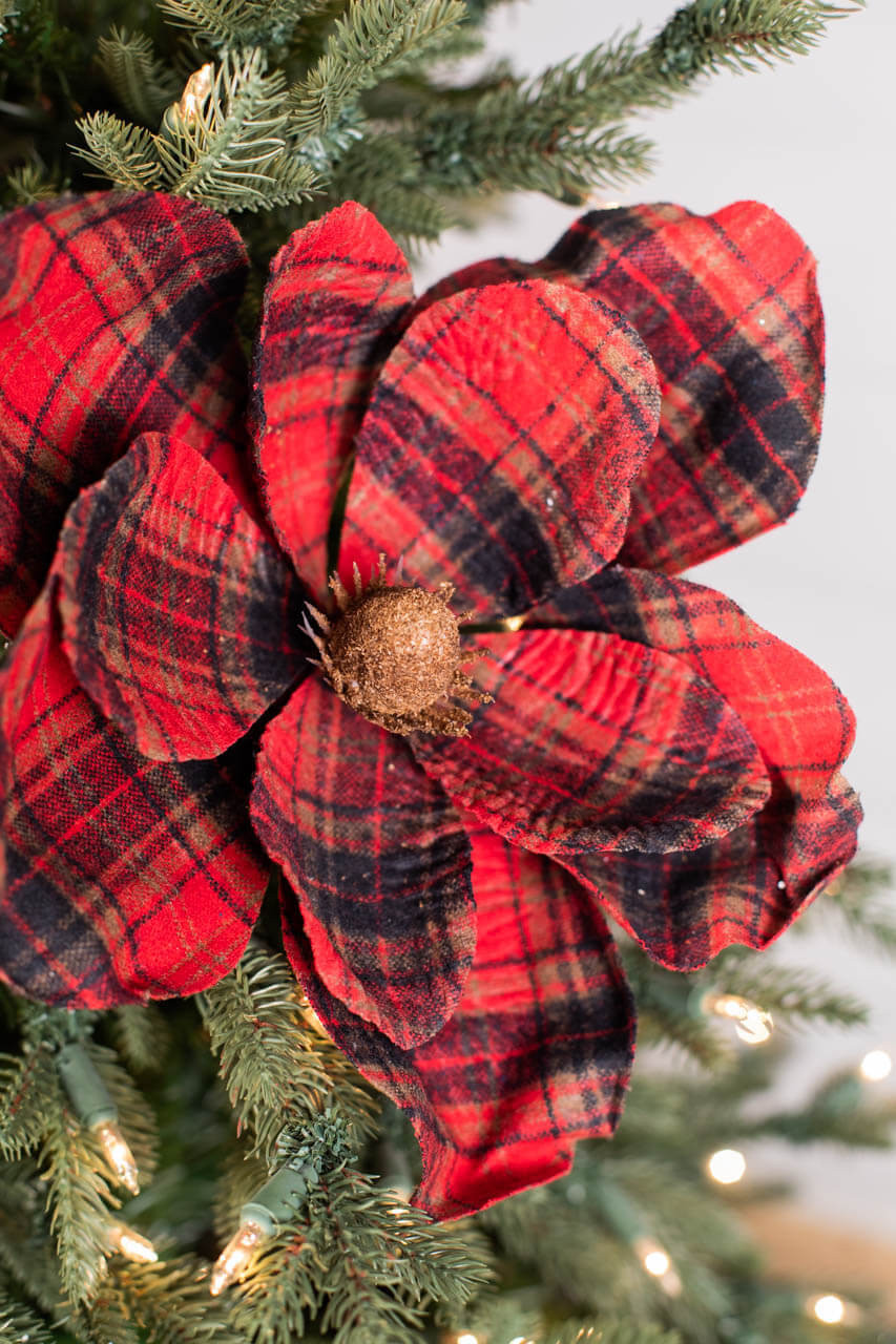 22” Plaid Magnolia Stem - Cranberry Christmas Flowers