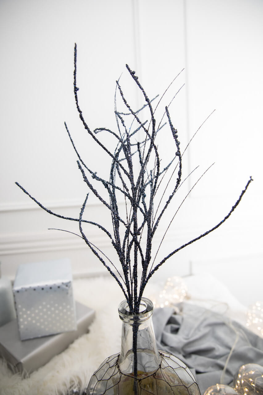 29” Navy Glitter Boxwood Berry Stick Spray - Decorator's Warehouse