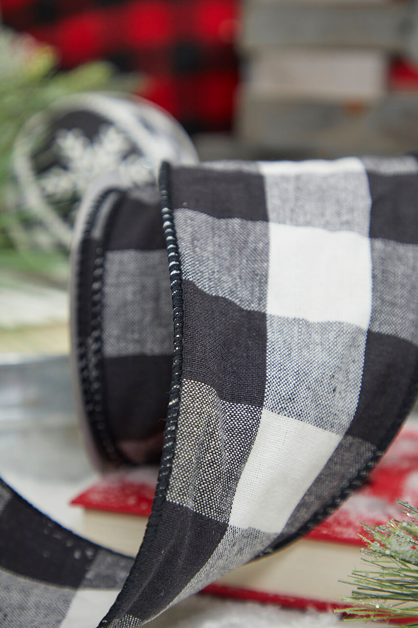 4” x 10 Yard Black & White Buffalo Plaid Ribbon - Decorator's Warehouse
