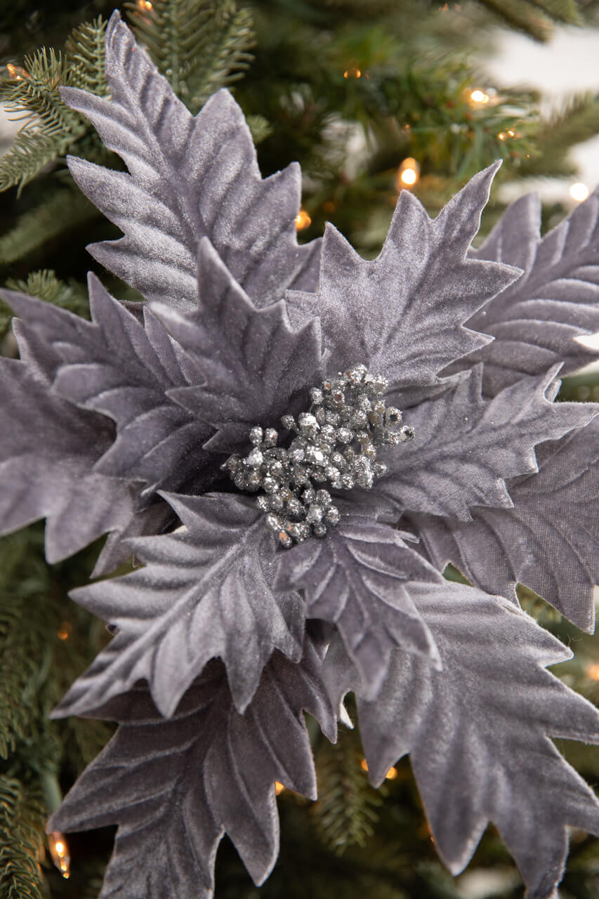 22” x 13" Velvet Snowflake Poinsettia Stem - Grey - Decorator's Warehouse