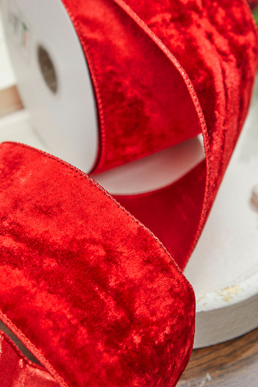 4” x 10 Yard Red Sheldon Velvet Metallic Back Ribbon - Decorator's ...