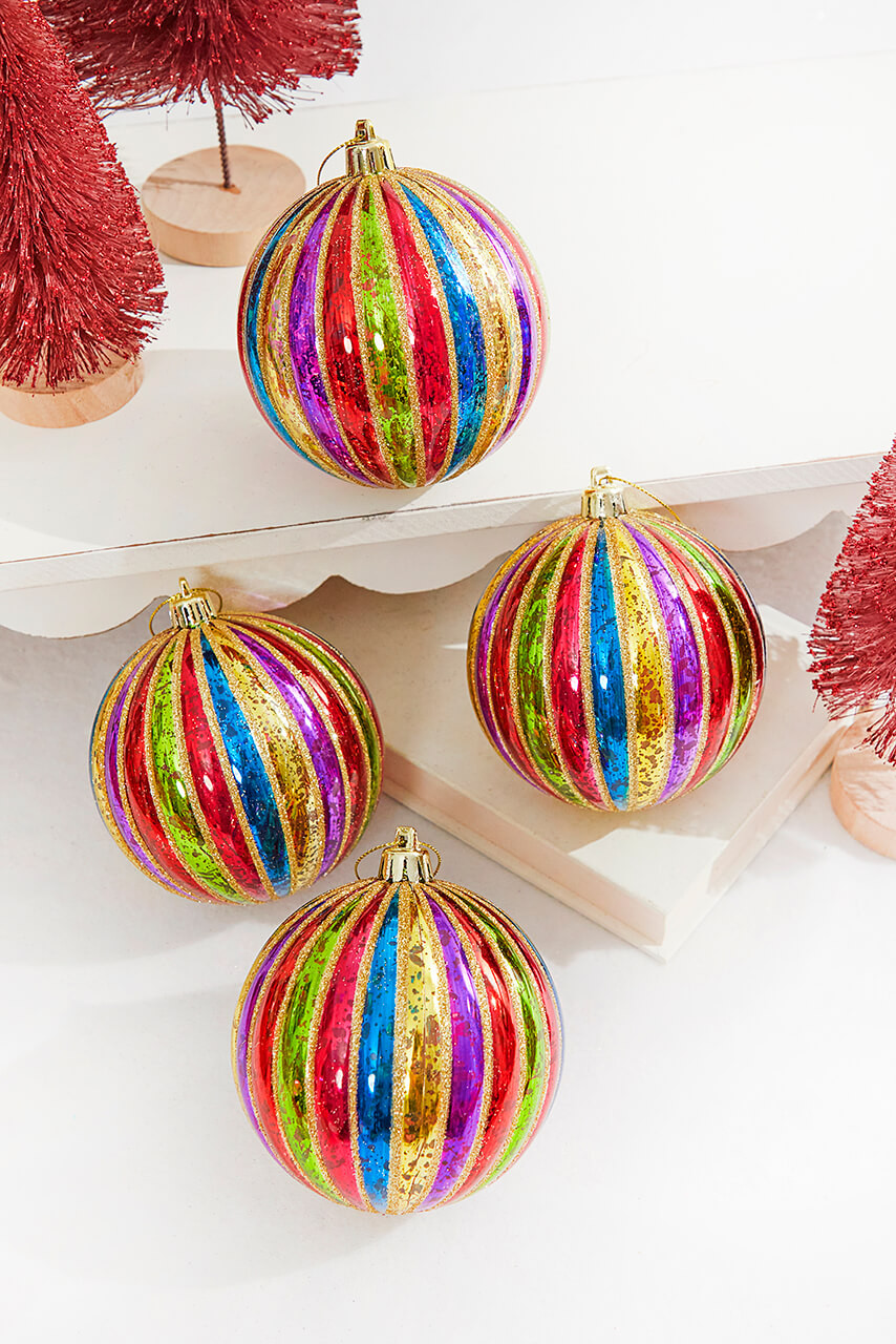 4" Gold/Silver Stripe Mercury Ball Ornament Box - Set of 4 - Decorator ...