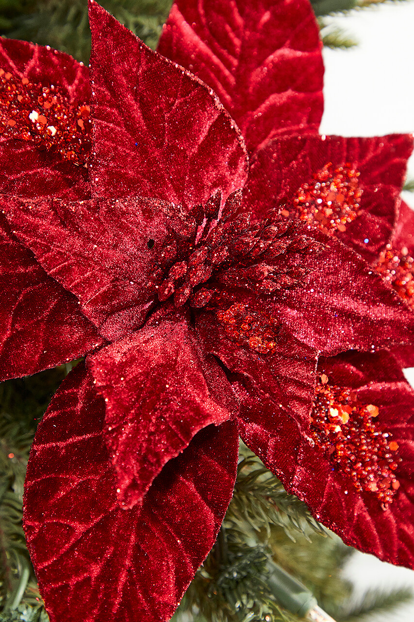 22" x 10" Burgundy with Glitter Poinsettia Stem - Decorator's Warehouse