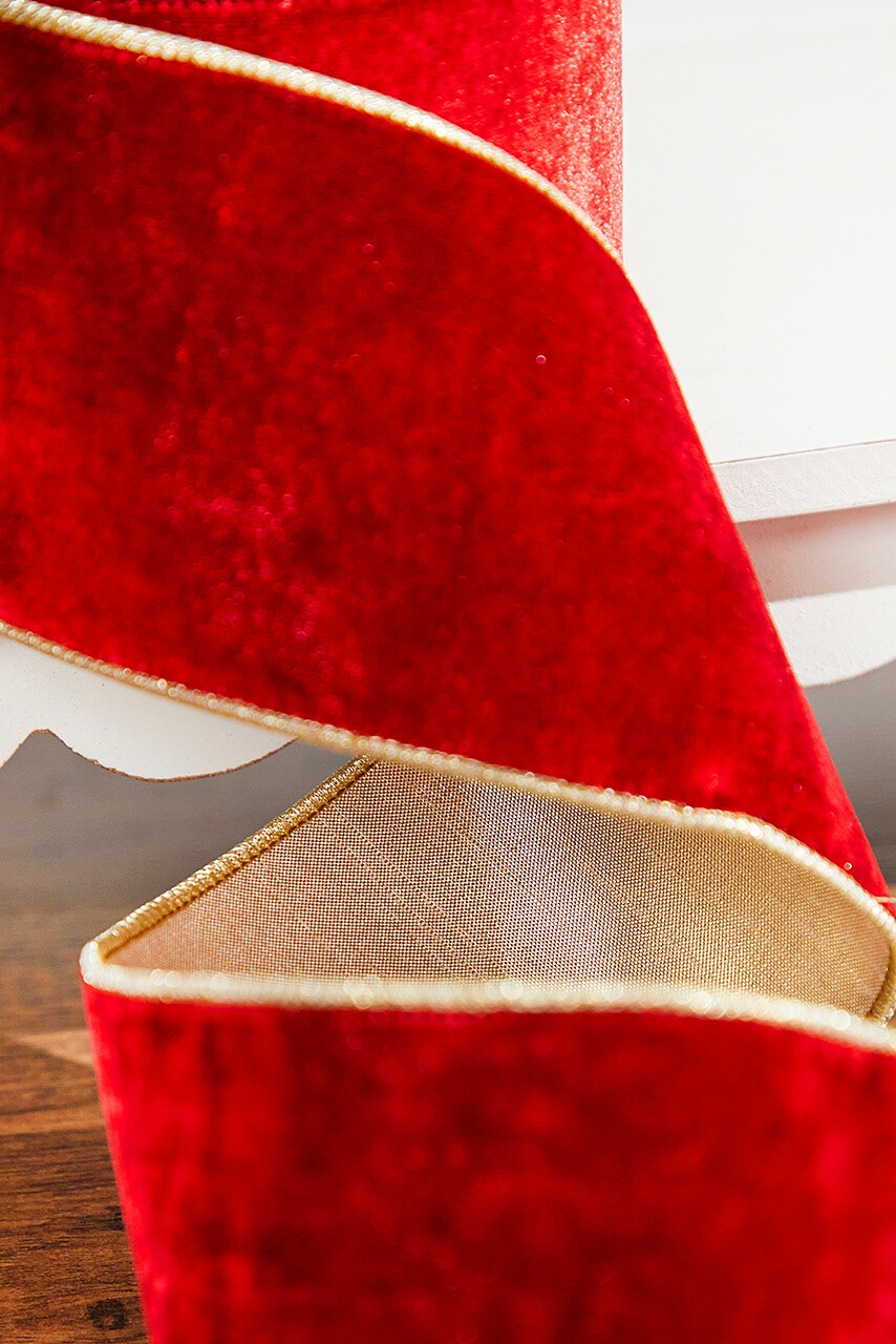 4" x 5 Yard Red Sheldon Velvet Wired Ribbon - Decorator's Warehouse