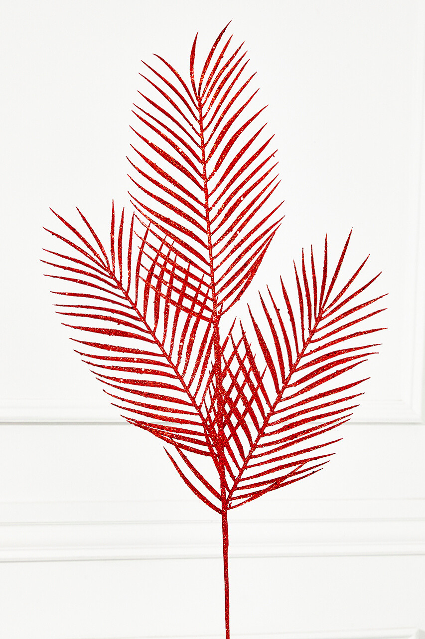 34" Glitter/Mica Triple Palm Leaf Spray - Red - Decorator's Warehouse