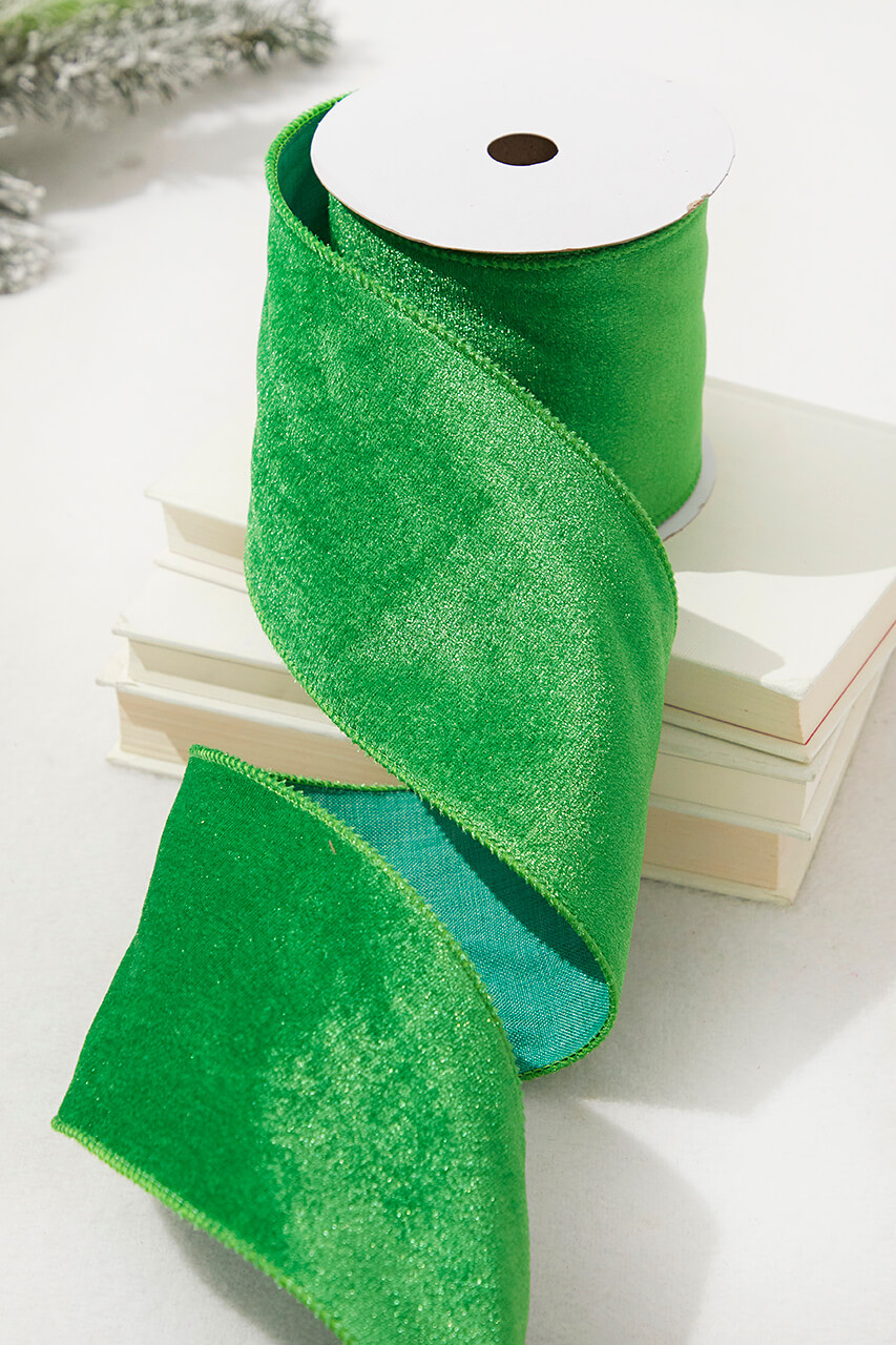 4" x 10 Yard Bright Green Wired Velvet Ribbon - Decorator's Warehouse