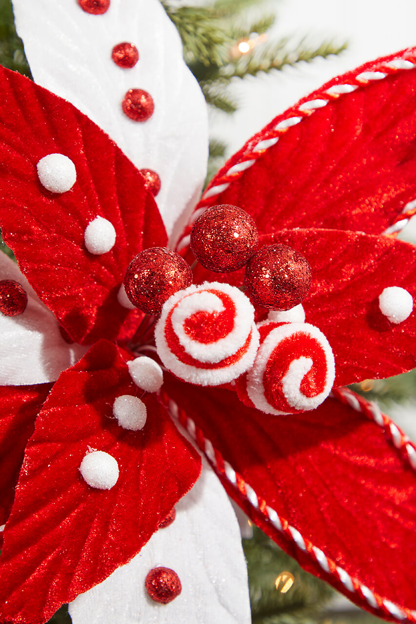 24” Velvet Candy Cane Poinsettia Stem - Decorator's Warehouse