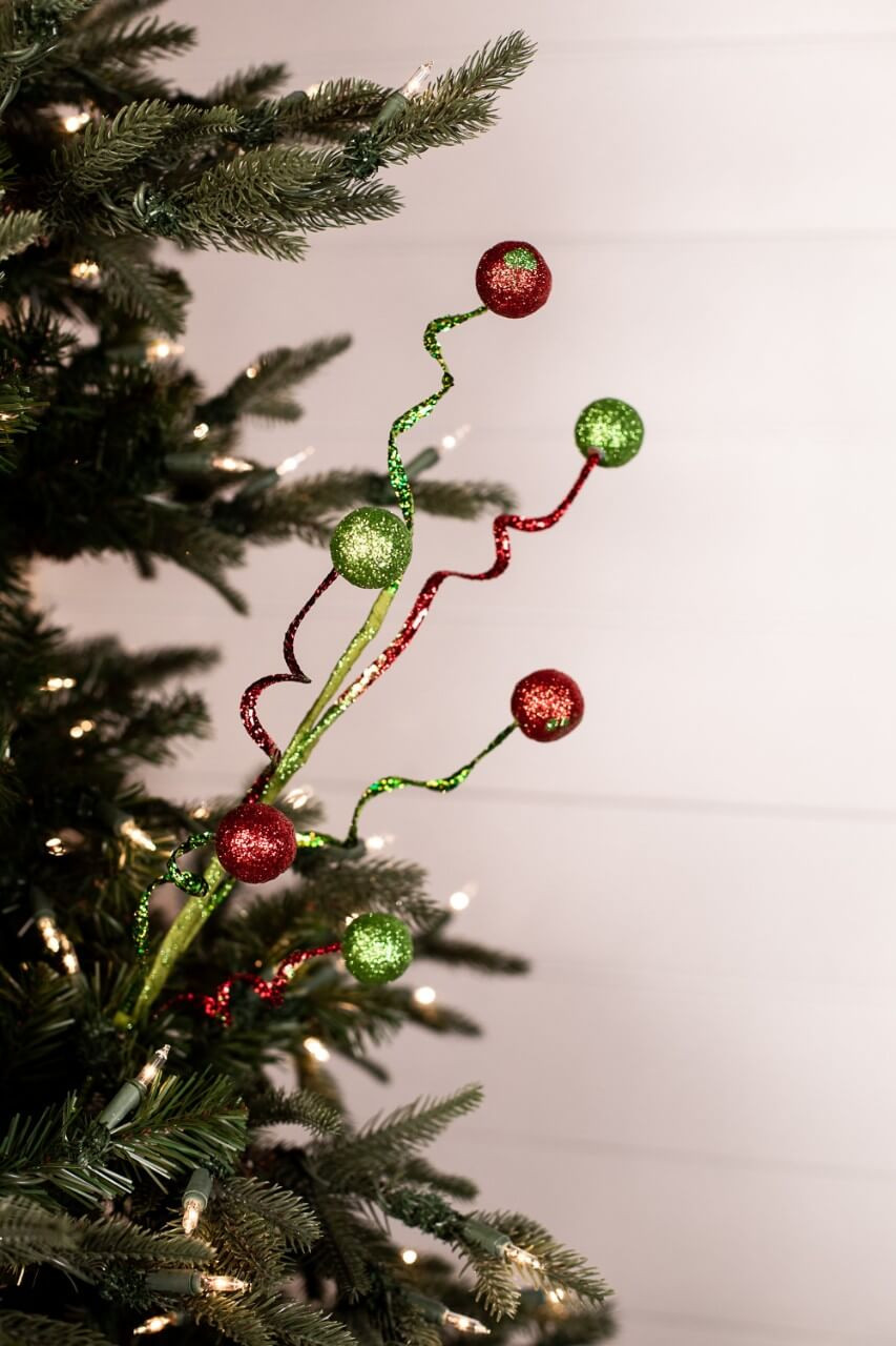 37” Glitter/Sequin Curly Willow Red Ball Spray - Decorator's Warehouse