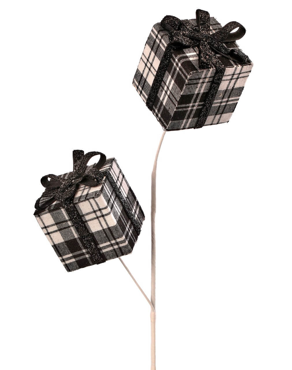 24” Black / White Plaid Package with Bow Spray - Cranberry Christmas Sprays