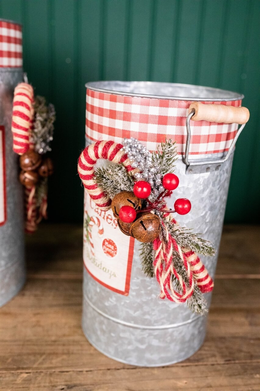 Galvanized Metal Candy Cane Buckets with Pine & Jingle Bell Accent ...