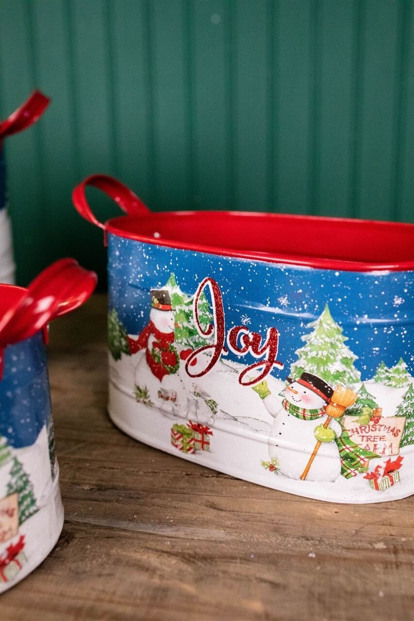 Metal Holiday Snowman Design Buckets with Glitter Accents - Decorator's ...