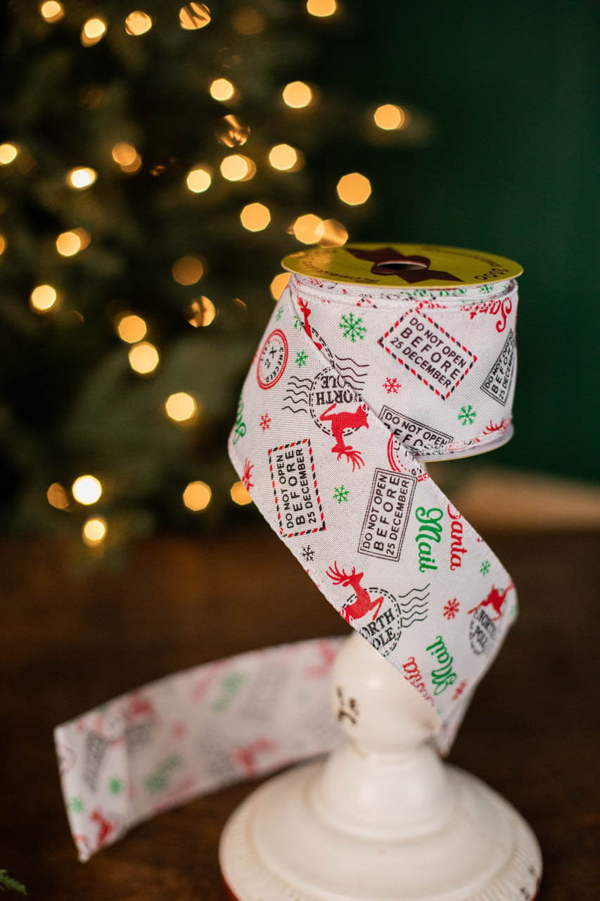 2.5" x 10 Yard North Pole Santa Mail Ribbon - Decorator's Warehouse