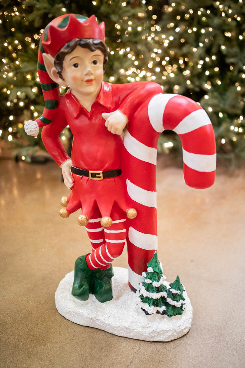 36" Resin Elf Leaning on Candy Cane