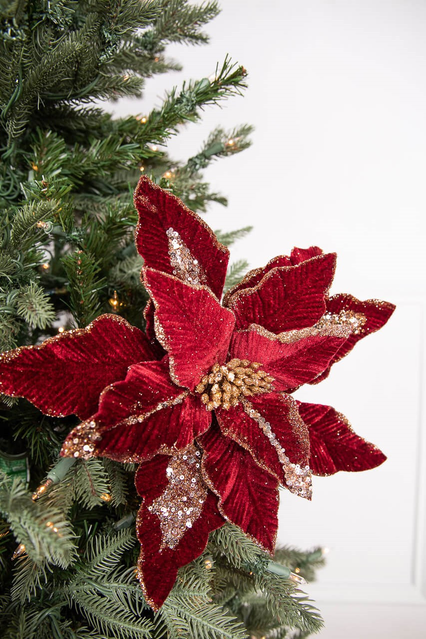22” Velvet Poinsettia Glitter Stem - Red/Gold - Decorator's Warehouse