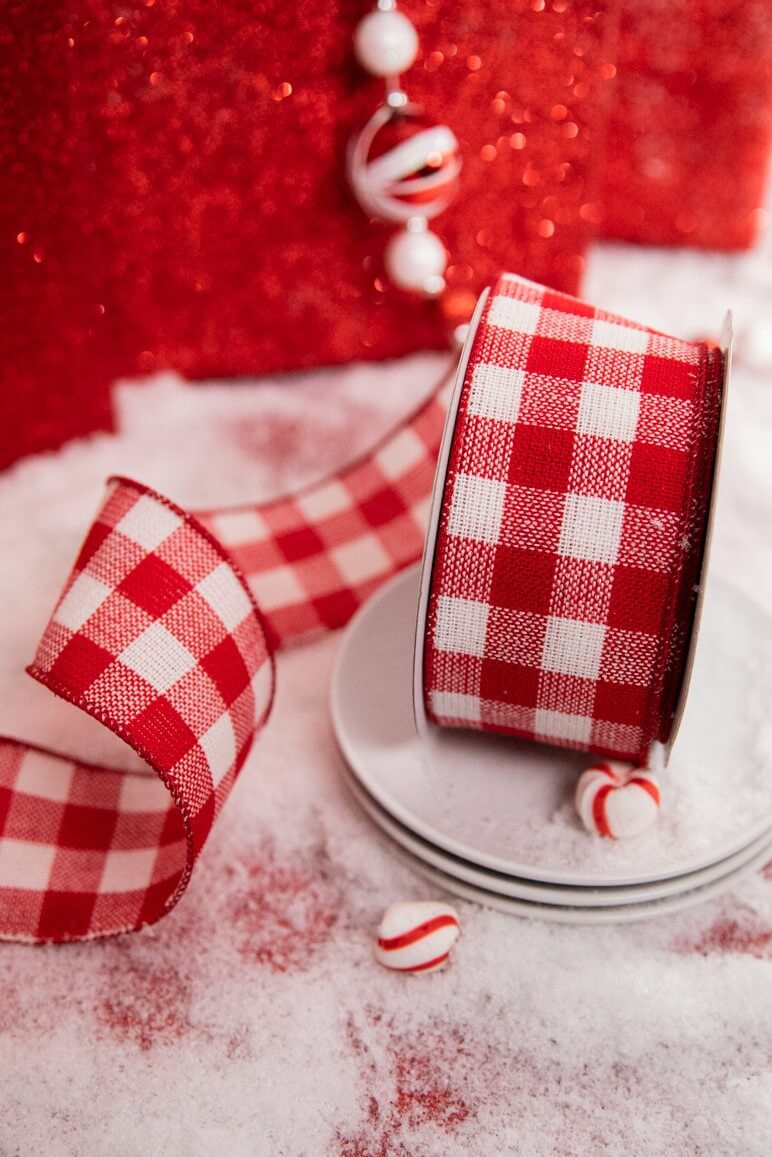 Red & White Double Sided Wired Ribbon