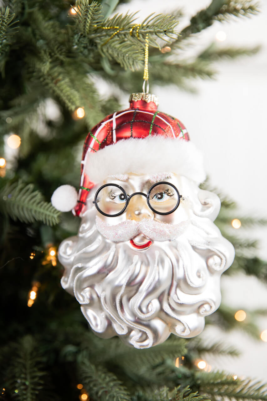 6.5” Retro Glass Santa Face with Glasses Ornament - Decorator's Warehouse