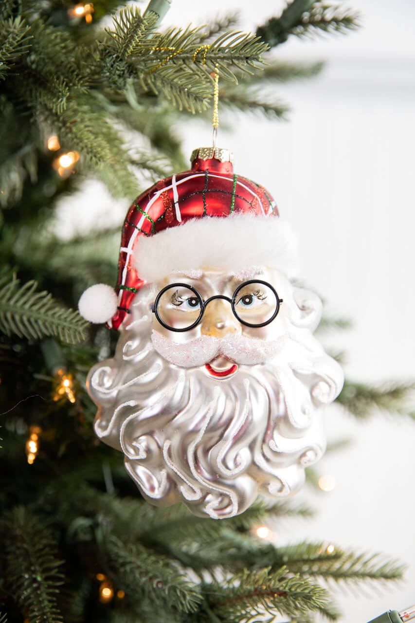 6.5” Retro Glass Santa Face with Glasses Ornament - Decorator's Warehouse