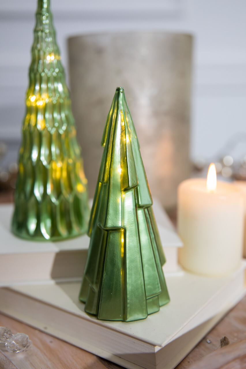 Lighted Green Glass Trees - Set of 2 - Decorator's Warehouse