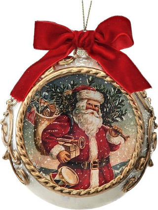 4" Antique Santa with Bow Disc Hanging Ornament - Decorator's Warehouse
